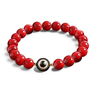 Feng Shui Black Obsidian Beaded Bracelet - Women Mens 8MM Natural Obsidian Crystal Evil Eye Onyx Relief Reiki Healing Stone Protection Bracelet Bring Luck Prosperity Wealth (Red howlite-Black Eye)