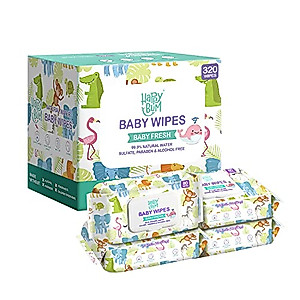 Baby Wipes - HAPPY BUM Sensitive Water Baby Diaper Wipes, Hypoallergenic, Unscented, 4 Flip-top packs (320 Wipes Total)
