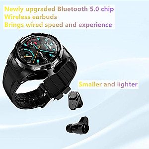 Rainbuvvy Smart Watch with Wireless Earbuds, 1.3 Inch Bluetooth 5.0 Waterproof & 2-in-1 TWS Bluetooth 5.1 Earphones, 320mAh Long Standby, Fitness Activity Tracker for Android iOS Phone (Steel-Black)