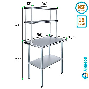 Amgood Stainless Steel Work Table Double Tier Overshelf | Metal Kitchen Prep Table & Shelving Combo | NSF (24" x 36" Work Table + 12" Overshelf)