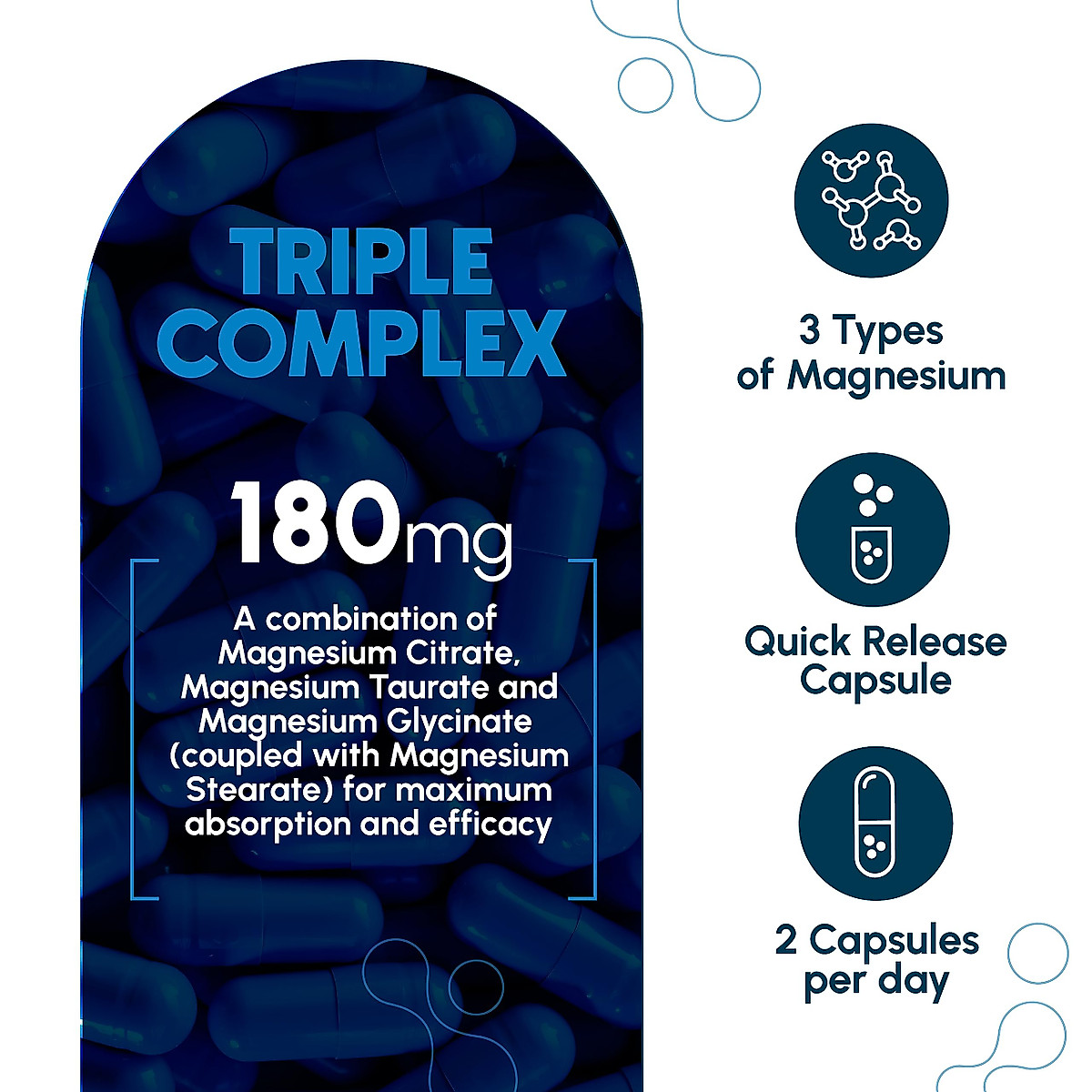 Zenavea - Triple Magnesium Complex Supplement (120 Vegan Capsules) - 180mg of Magnesium Glycinate Taurate and Citrate - Calm Magnesium Complex Supplements