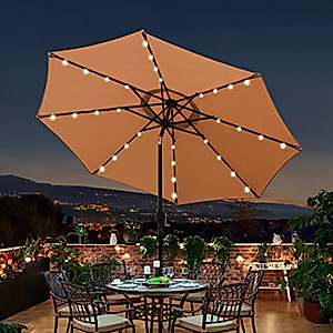 Blissun 9 ft Solar Umbrella, 32 LED Lighted Patio Umbrella, Table Market Umbrella, Outdoor Umbrella for Garden, Deck, Backyard, Pool and Beach (Tan)