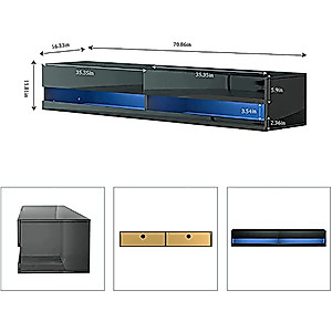 Floating TV Stand for TVs Up to 85 inch, 70 inch Wall Mounted Haning TV Stand with LED Lights, High Glossy Floating Entertainment Centre Hanging Media Console Shelf, Modern Under TV Floating TV Shelf