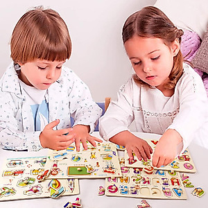 Wooden Peg Puzzles for Toddlers, 3 Pack Ocean Transportation Fruit Puzzles for Kids 1-3 Years Old, Early Educational Preschool Learning Puzzles Toys for Boys and Girls Ages 1 2 3 4 5