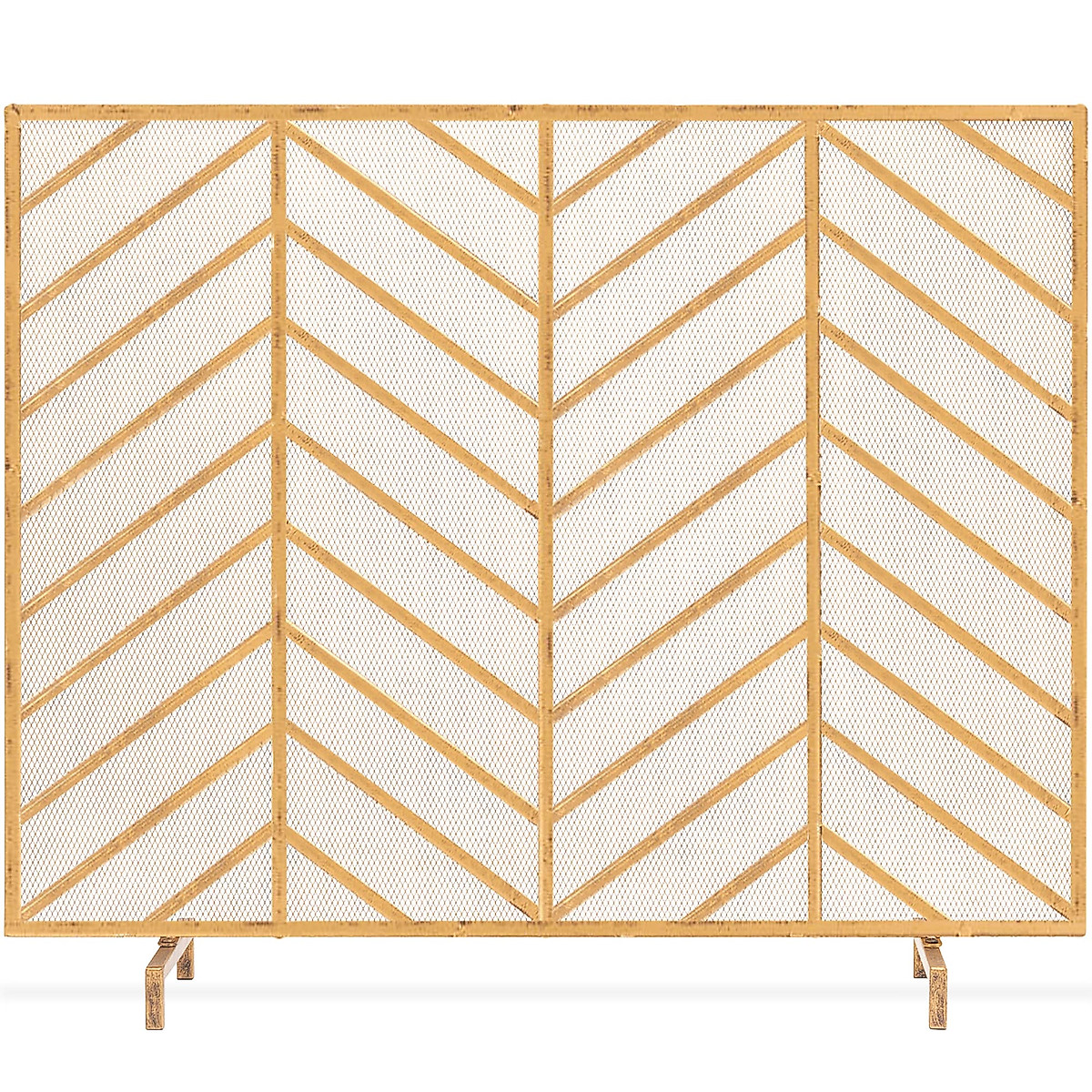 Best Choice Products 38x31in Single Panel Handcrafted Wrought Iron Mesh Chevron Fireplace Screen, Fire Spark Guard for Living Room, Bedroom Décor w/Distressed Antique Finish - Gold