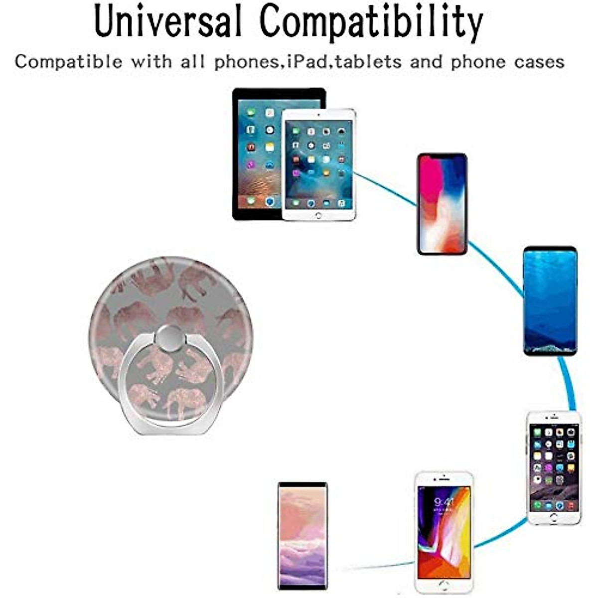2 Pack/Cell Phone Ring Holder 360 Degree Rotation Finger Stand Works for All Smartphone and Tablets-Rose Gold Elephant on Marble Clear Tribal Pattern
