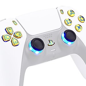 eXtremeRate Multi-Colors Luminated Dpad Thumbstick Share Home Face Buttons for PS5 Controller BDM 010 020, Chrome Gold Classical Symbols Buttons DTF LED Kit for PS5 Controller - Controller NOT Included