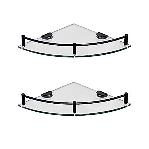 Paradmas Glass Corner Shelf 2 Pack - Floating Bathroom Shelves Tempered Glass Shelf with Rails SUS 304 Stainless Steel Wall Mounted Shower Organizer, 24cmx24cm 6mm, Black