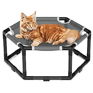 Tresbro Elevated Cat Hammock Bed, Hexagon Raised Cat Swing Bed for Indoor and Outdoor Use with Breathable Fabric & Anti-Slip Block, 20.5'' x 18'' x 9.4'' Pet Chair for Large to Small Kitty Cot