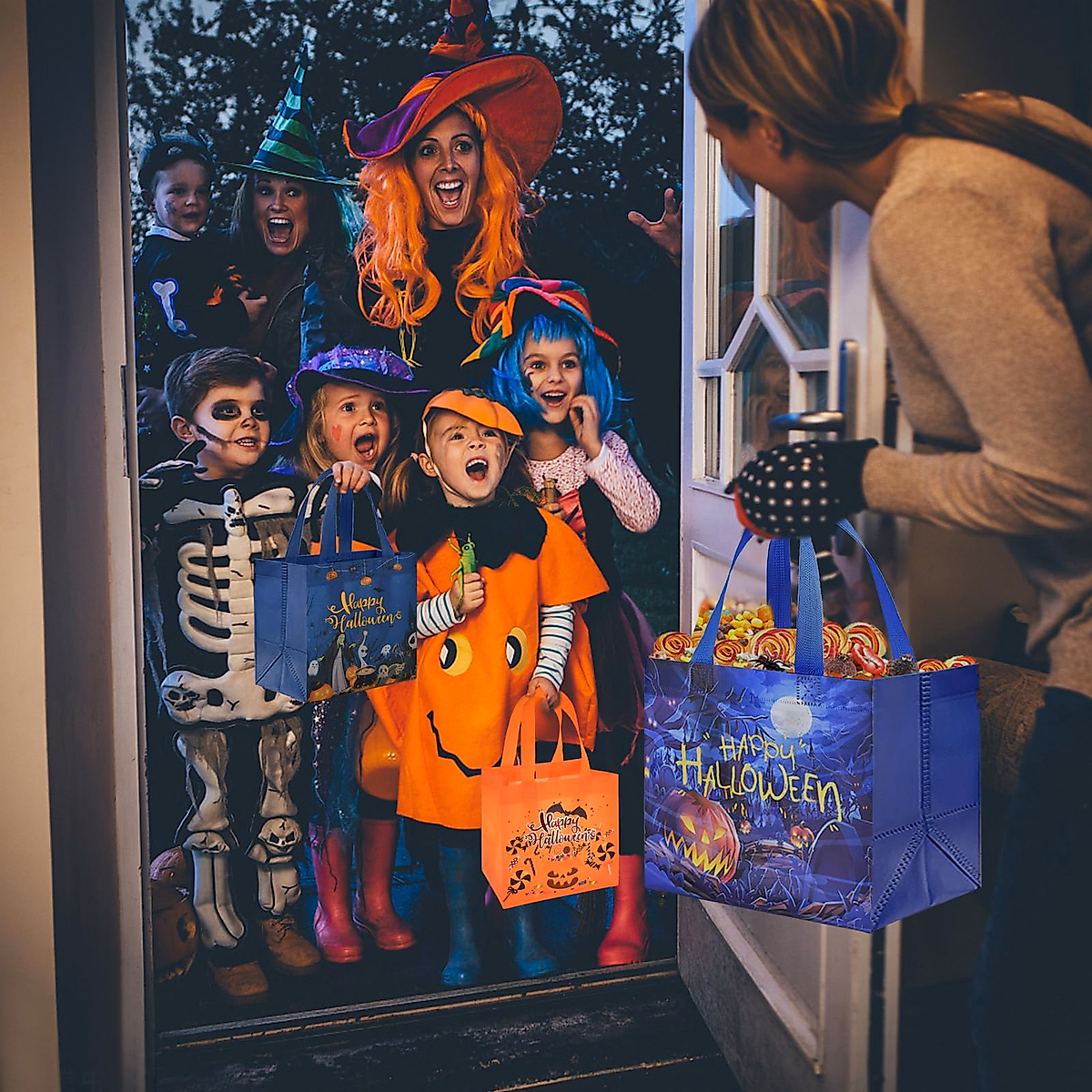 AhfuLife 6 Pcs Halloween Trick or Treat Bags, Halloween Candy Tote Bags with Handles, Reusable Halloween Non-Woven Gift Bags for Halloween Party Supplies Favors (7.8×7.8×5.9’’)