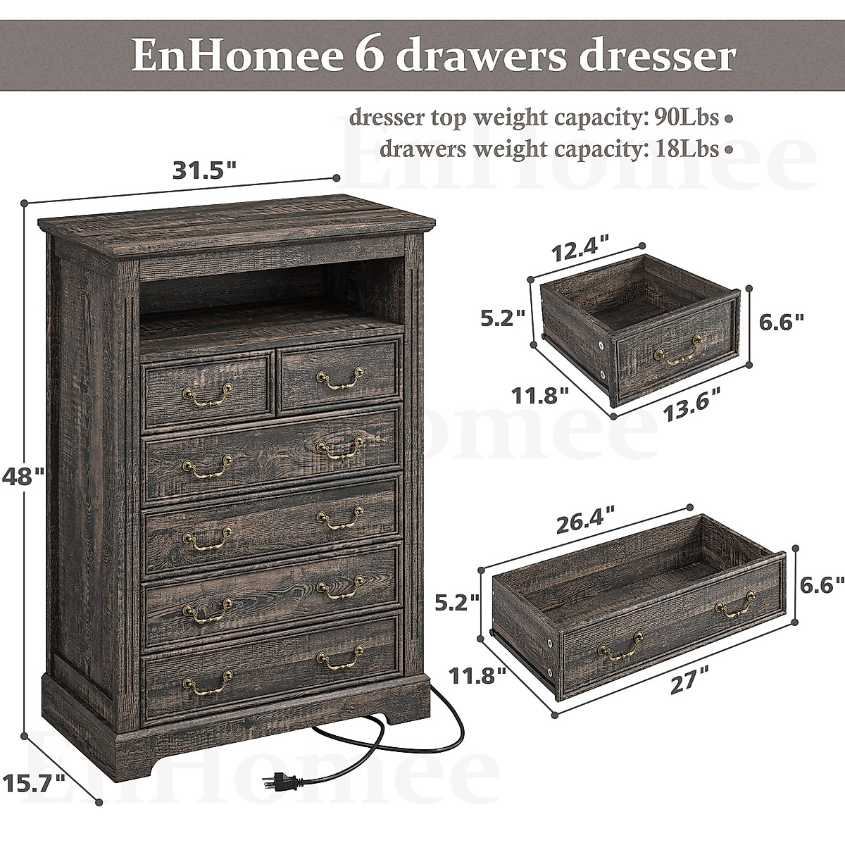 EnHomee Farmhouse 6 Drawer Dresser for Bedroom LED Light & Power Outlets, 48" H Solid Wood Dressers & Chests of Drawers with Natural Texture, Tall Dressers for Bedroom, Hallway (Dark Rustic Oak)