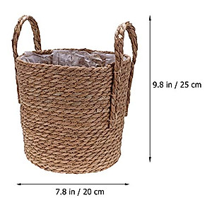 YARDWE 1Pc Woven Linen Flower Basket with Plastic Film Seagrass Storage Basket with Handles Handwoven Storage Bin Plant Holders ( Light Brown )