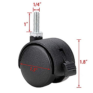 Skelang 4 Pcs 1.5" Nylon Plastic Swivel Stem Casters Wheel with Brakes, Stem Diameter 1/4” for Office Chair, Game Chair, Kitchen Shelf