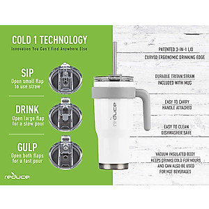 Reduce Tumbler – 24oz COLD 1 Mug With Lid, Straw and Handle – 24 Hours Cold – Easy-Hold Handle, Vacuum Insulated, Sweat-Proof Body – Cupholder Friendly Insulated Mug – White Gloss