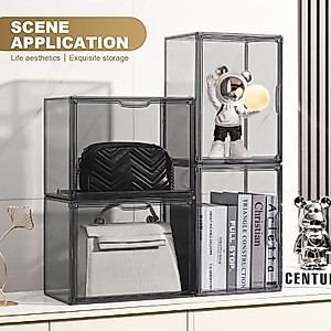 ULENDIS 4 Pack Handbag Storage Organizer for Closet, Transparent Gray Acrylic Display Case for Handbag Purse, Stackable Storage Organizer with Magnetic Door for Wallet Book Cosmetic Toys Display