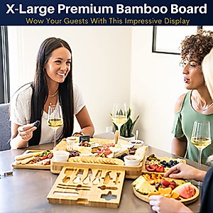 VAREZZA Bamboo Cheese Board and Knife Set Extra Large Charcuterie Board Set - Serving Board, Side Cheese Tray, Round Bamboo Fruit Cheese Platter, 23 Entertaining Accessories for House Warming Gift