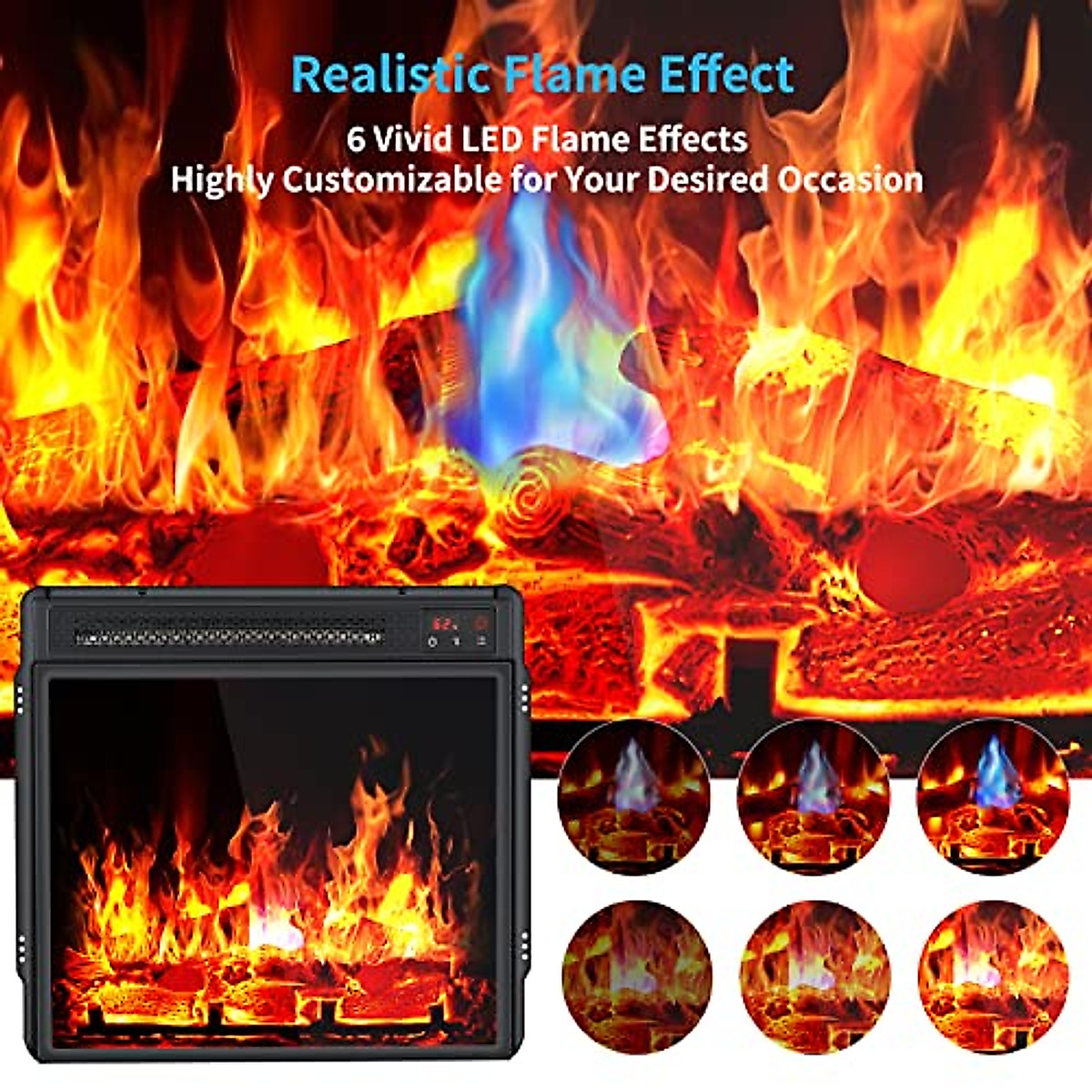 18-inch Electric Fireplace Heater with LED Realistic Flame Effect, Fireplace Insert Heater with Remote 1H to 9H Timer Safety Overheat Protection, Fireplace Stove for Bedroom Home Office, 1400W, Black