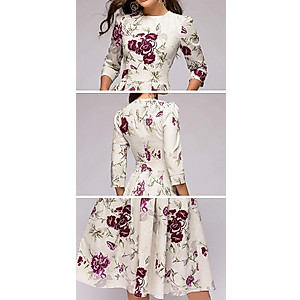 Simple Flavor Women's Floral Vintage Dress Elegant Autumn Midi Evening Dress 3/4 Sleeves (Beige, M)