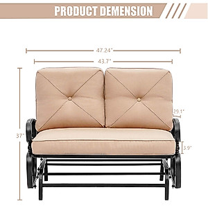 Omelaza Patio Bench, Porch Glider Outdoor Swing Glider Rocking Loveseat, Steel Frame Chair with Thick Cushion (Brown)