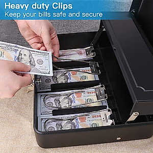 WOT I Steel Cash Box with Money Tray with Key Lock, 11.8"L x 9.5"W Cash Lock Box with Tray Cover / 5 Coin Trays / 4 Bill Slots / 2 Keys (Black))