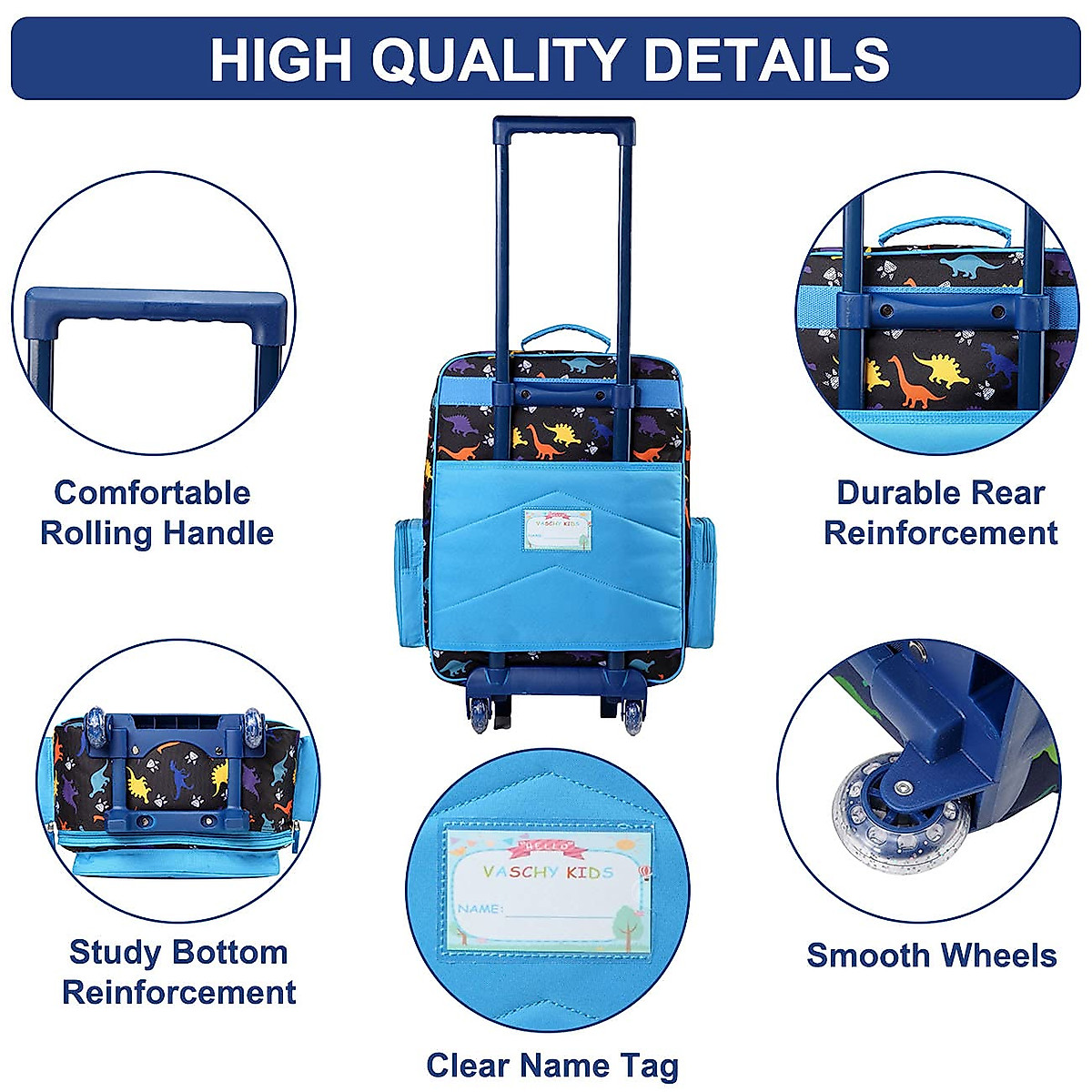 VASCHY Kids Luggage for Boys, Cute Rolling Travel Carry on Suitcase for Toddlers/Children with Wheels 18inch Dinosaur