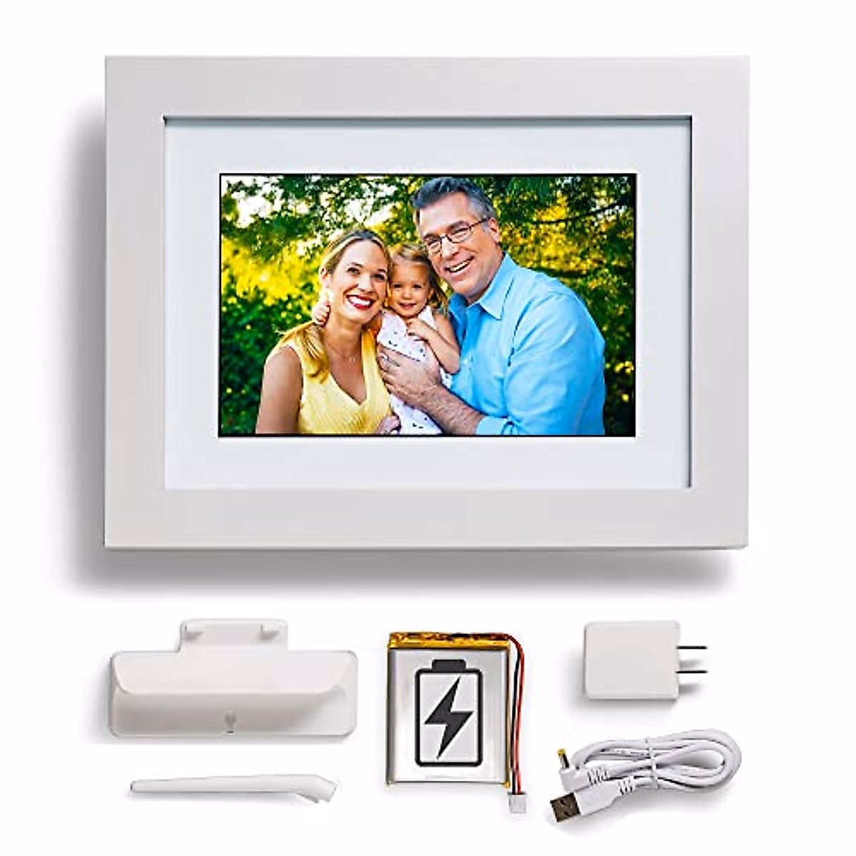 PhotoSpring 10in WiFi Digital Picture Frame with Battery, Send Photos from Anywhere via Email, App, or Web, Easy Touch Screen Setup, 1280x800 Display, Plays Videos, White