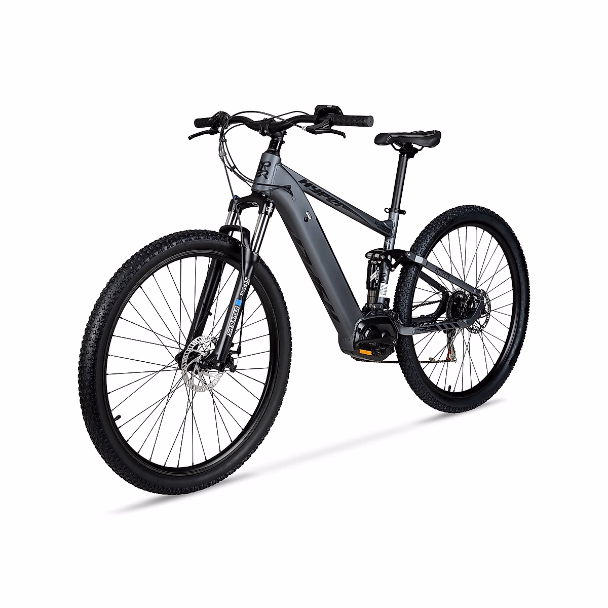 Hyper E-Ride Electric Mountain Bike for Adults 29 Inch. 250w, 36v Battery, Mountain Ebike with Shimano 7-Speed Grip Shifter. Dual Suspension. Rear Air Shock Electric Bicycle for Adults. Matte Grey
