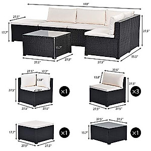 Patio Wicker Set,6-Piece Outdoor Furniture Set with PE Rattan Wicker, Patio Garden Sectional Sofa Chair with Removable Cushions for Porch, Beach (/Black Wicker+ Beige Cushion)