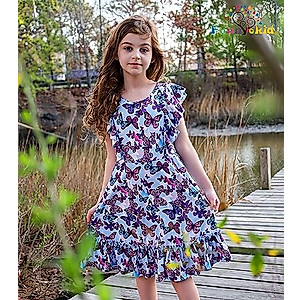 Funnycokid Girls Dresses Butterfly Outfits for Kid Size 8 9 Ruffle Sleeve Clothes Flutter Hem Sundress with Belt 8-9 Years