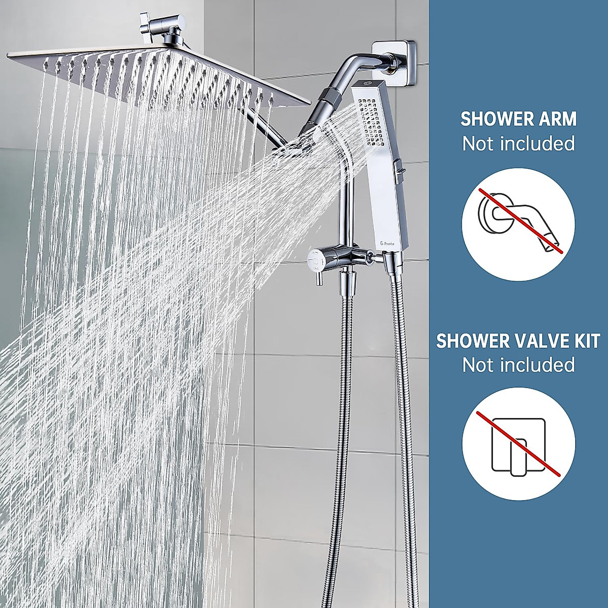 G-Promise All Metal 12'' Rain Shower Head with Handheld Built-in Power Wash Mode 3-way Diverter with Pause Setting 11'' Adjustable Extension Arm with Lock Joint 65'' Stainless Steel Hose