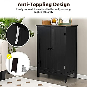 Tangkula Bathroom Floor Cabinet, Freestanding Storage Cabinet with Double Doors and Shelf, Modern Home Furniture, Wooden Home Organizer for Living Room, Bathroom Storage Cabinet (Black)