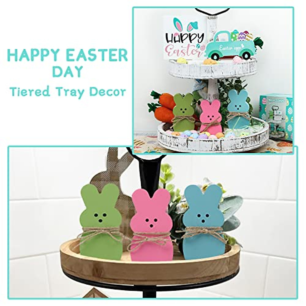 Easter Decorations-5PCS Wood Block Bunny Peeps Easter Decorations for The Home-Farmhouse Easter Decor for Table and Easter Tray Decor