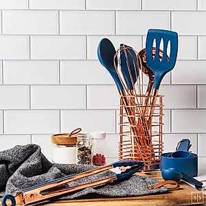 Copper and Blue Silicone Cooking Utensils Set - 17-Piece Set with Copper Utensil Holder and Measuring Cups and Spoons for Stylish Cooking and Baking - Blue Kitchen Decor, Unique Kitchen Gifts