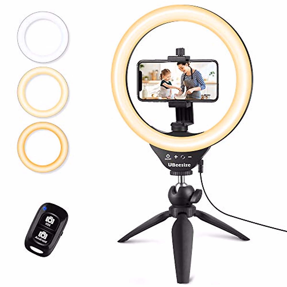 UBeesize 10" Selfie Ring Light with Tripod Stand & Cell Phone Holder, Dimmable Desktop LED Circle Light for Live Streaming/Makeup/YouTube/TIK Tok, Compatible with iOS and Android Phones