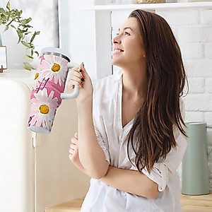 PaChyLuu 30 oz Insulated Tumbler with Handle and Straw Lid, Adorable Daisy Leak-Proof Stainless Steel Travel Coffee Mug for Car Cup Holder