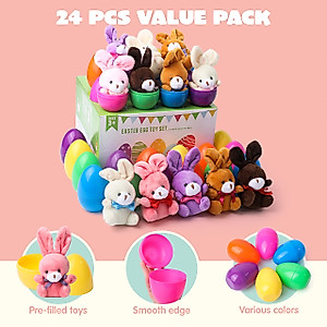 JOYIN 24 Pcs Filled Easter Eggs, Bright Colorful Easter Eggs Prefilled with Variety Plush Bunnies for Kids Toddlers Egg Hunt, Easter Basket Stuffers and Party Favors