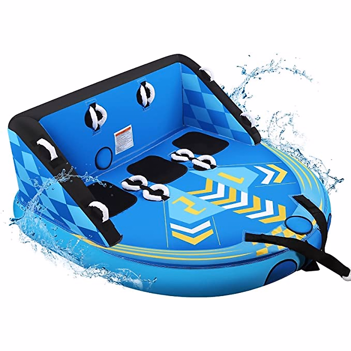 Vitalmeter Towable Tube for Boating 3 Rider Inflatable Water Sports Towable Tube with EVA Foam Seat Pads, Dual Tow Points, Grip Handles for Kids Adults Blue