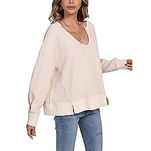 LYANER Women's V Neck Waffle Knit Long Sleeve Loose Pullover Sweatshirt Sweater Top Beige Medium