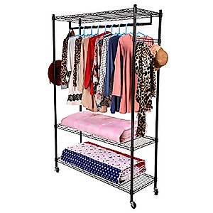Oliote Rod Garment Rack 3 Tier Metal Wire Shelving Hang Large Rolling Movable Clothes Drying Rack with Lockable Wheels and Pair Side Hooks