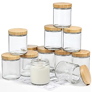 VITEVER 12 Pack, 8 OZ Thick Glass Jars with Bamboo Lids, Bulk Clear Round for Making Candles, Empty Food Storage Containers for Spice, Powder, Liquid