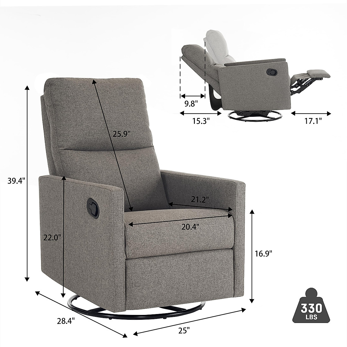 Ketaiyou Swivel Rocking Recliner Chair for Adults, Rocker Nursery Glider Chair for Living Room Bedroom, Upholstered Fabric Reclining Single Sofa Chair(Grey)
