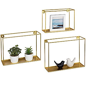 MyGift Wall Mounted Floating Shelf Display Organizer with Brass-Tone Metal Wire Frame, Set of 3 - Handcrafted in India