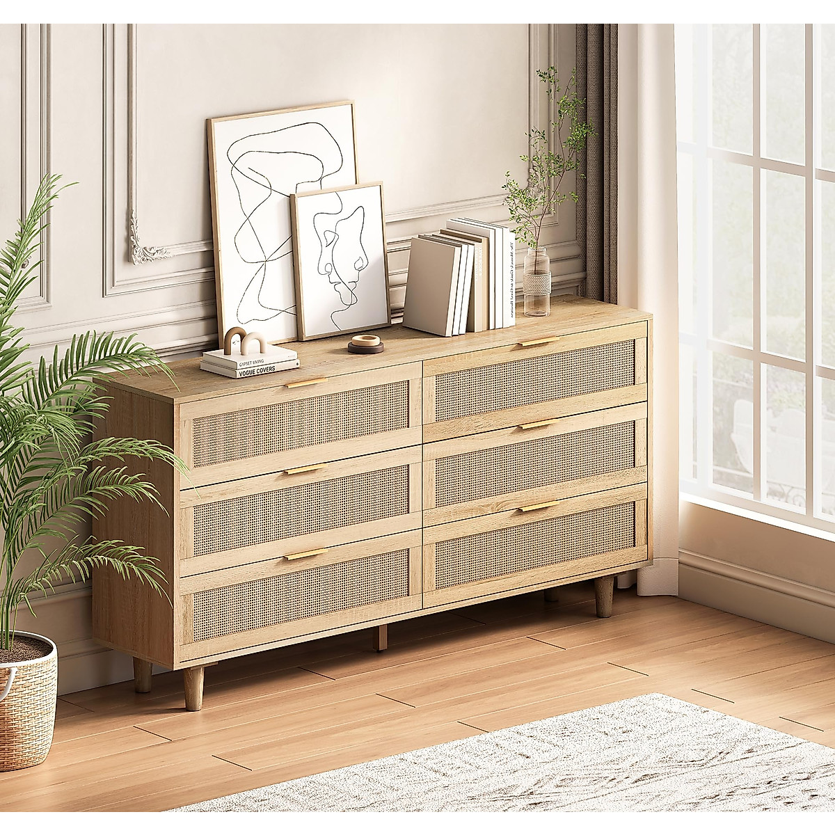 6 Drawer Double Dresser for Bedroom,Natural Rattan Modern Drawer Chest,Wooden Storage Wardrobe Dresser with Gold Handles,Floor Standing Storage Cabinet, for Entrance,Living Room,Hallway-Natural