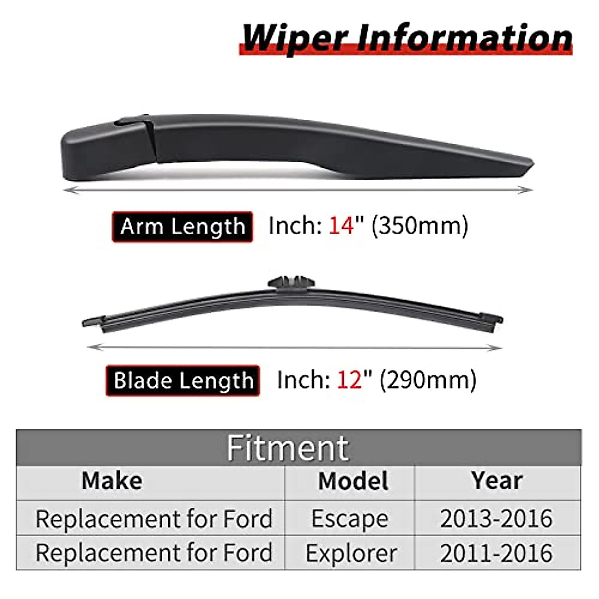 OTUAYAUTO Replacement for Ford Escape 2013-2021 Ford Explorer 2011-2019 Rear Windshield Back Wiper Arm Blade Set OEM BB5Z17526-C