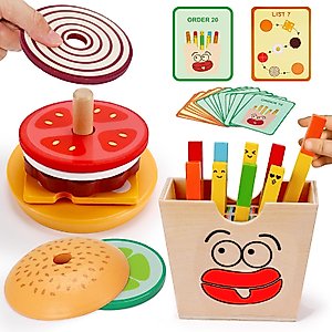 Montessori Toys for 2 3 4 5 Year Old, Wooden Burger Stacking Toys and French Fries Matching Games, Educational Fine Motor Toys for Toddlers Preschool Learning Pretend Play Food for Kid Boy Girl Gift