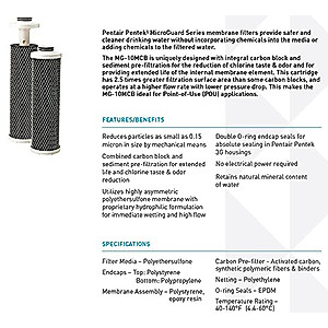 Pentair Pentek MG-10MCB MicroGuard Water Filter, 10-Inch, Under Sink Polyethersulfone Membrane Replacement Cartridge with Integral Carbon Block and Sediment Pre-Filtration, 10" x 2.5", 0.15 Micron