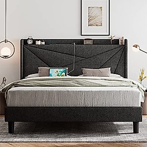 Feonase Queen Bed Frame with Type-C & USB Ports, Upholstered Platform Bed Frame with Wingback Storage Headboard, Solid Wood Slats Support, No Box Spring Needed, Noise-Free, Gray