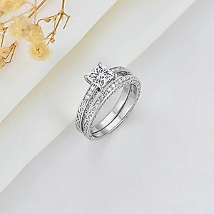 Vintage Bridal Ring Set for Women Princess Cut Bridal Sets Wedding Rings, 1-1/2 Carat(ctw) Moissanite Engagement Ring Set 925 Sterling Silver 10K 14K 18K Gold Engagement Ring Set Free Engraving