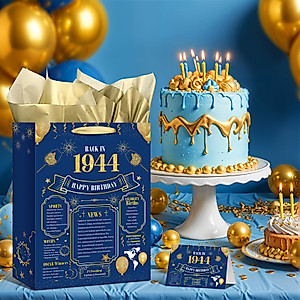 Blue 80th Birthday Gift Bag, 16" Large Size Navy Blue Gold Back in 1944 Happy Birthday Gift Wrap Bag Decorations with Tissue Paper Back in 1944 Card for Men 80 Anniversary Party Wrapping Bags Supplies