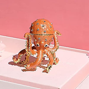 Owlcatcok Octopus Hinged Trinket Box Bejeweled Hand-Painted Ring Holder Animal Collectible Figurine Decoration Ring Storage Box (Orange Octopus Jewelry Box)